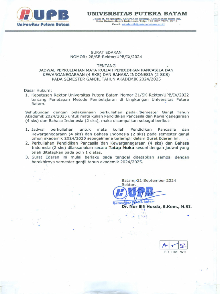 SE Rektor Nomor 28 Tahun 2024 Tentang Jadwal Perkuliahan PPKN Dan Bahasa Indonesia Ganjil ...