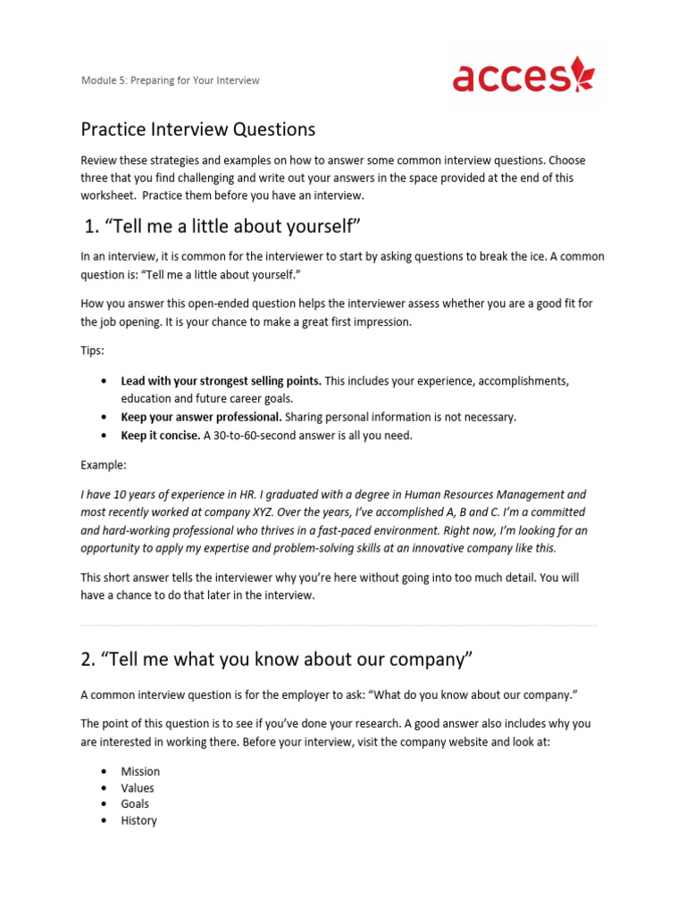 Preparing For Your Interview - Practice Questions | PDF | Job Interview ...