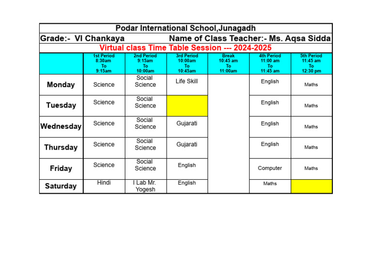 Virtual Class Time Table - VI Chankaya | PDF