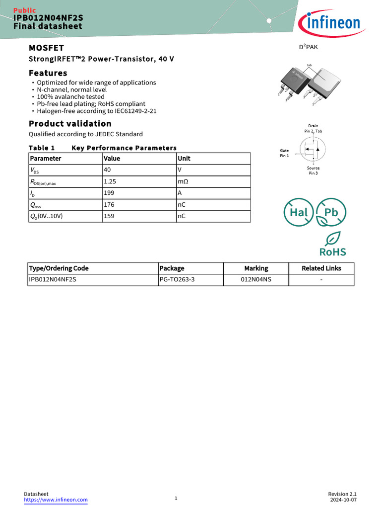 introduce about Infineon-IPB012N04NF2S-DataSheet-v02_01-EN | PDF | Diode | Printed Circuit Board