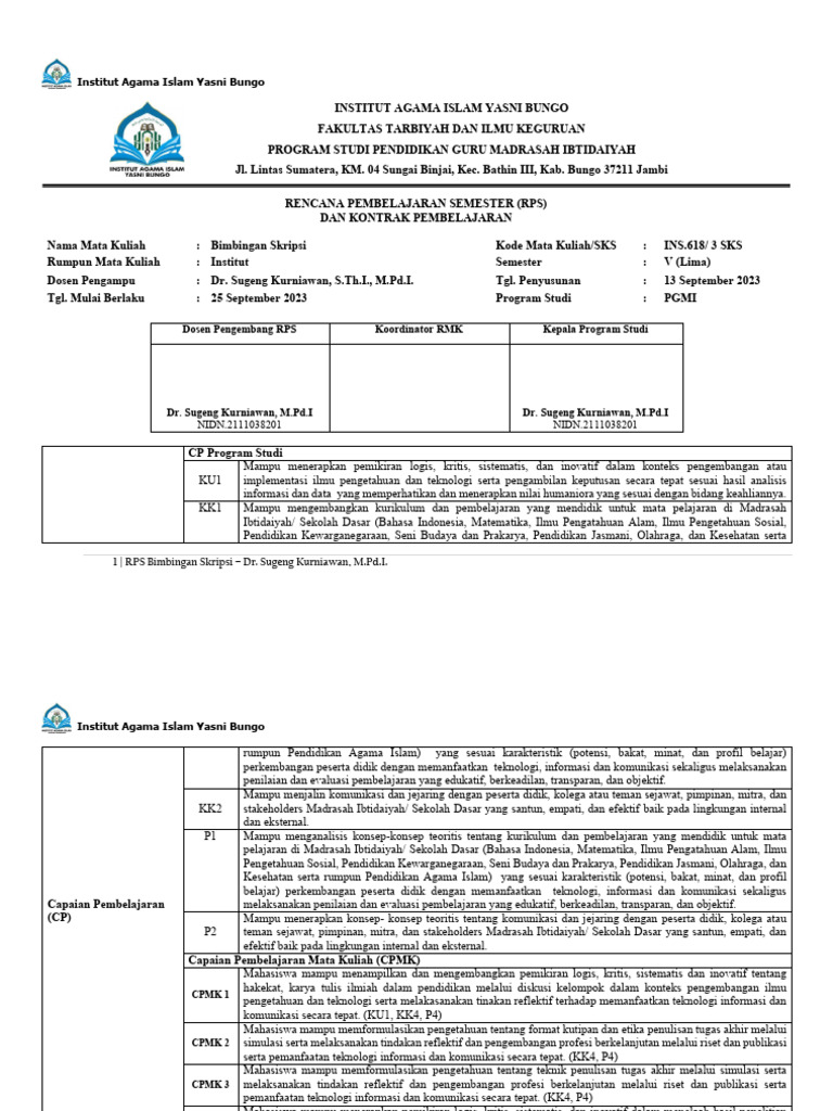 RPS Bimbingan Skripsi - Sugeng Kurniawan - 2024 | PDF | Seni | Sains & Matematika