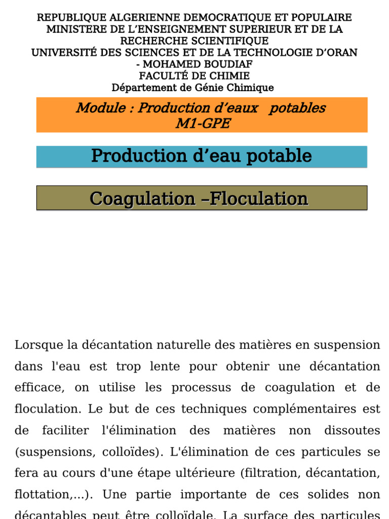 Coagulation Floculation - PPTX 2024 3ème Partie | PDF | Colloïde | Physique appliquée et ...