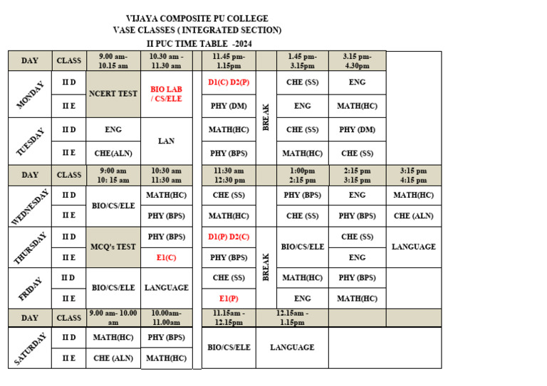 II PUC Time Table 2024 Schedule | PDF | Art | Science & Mathematics