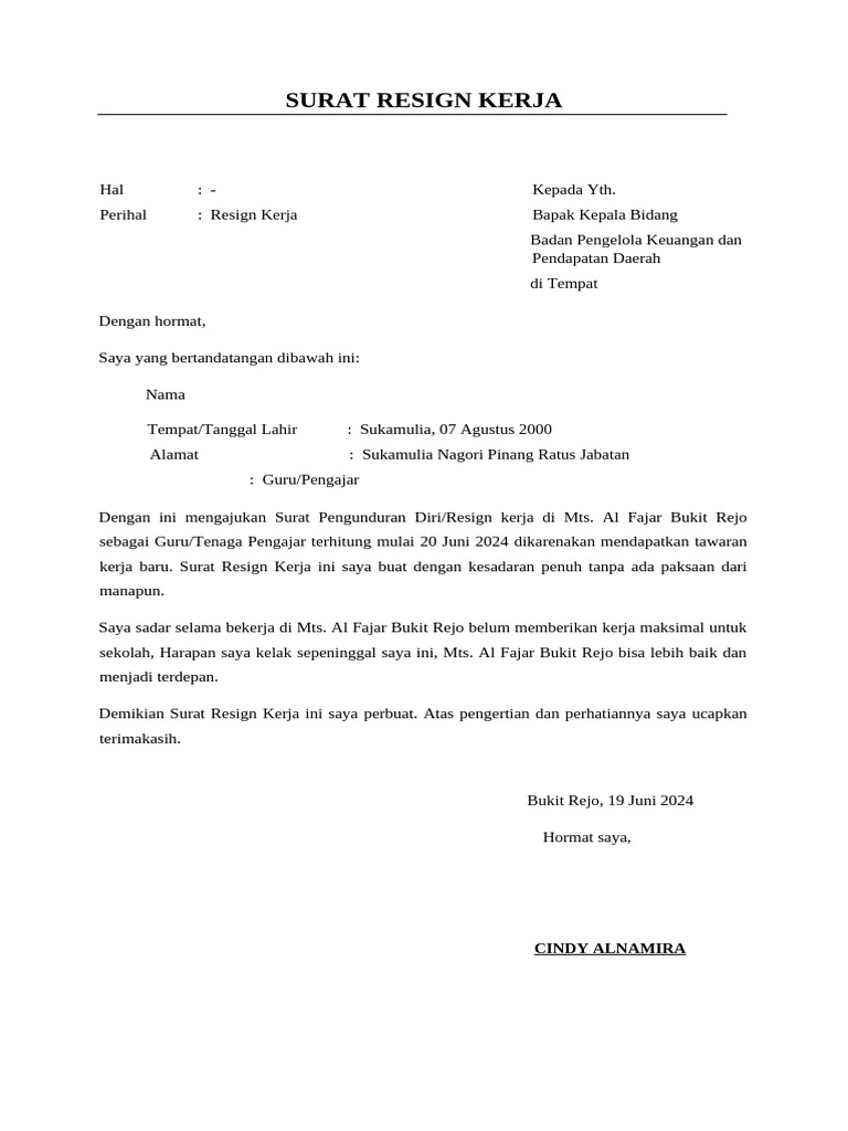 Surat Resign Kerja Cindy Alnamira | PDF