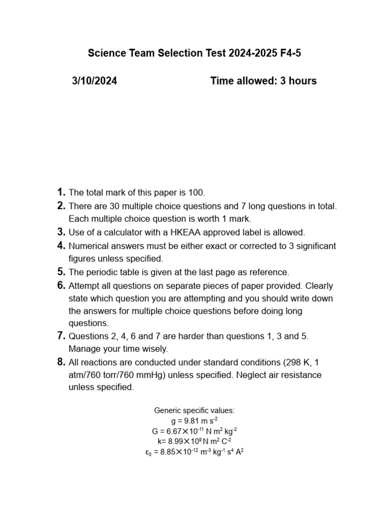 Science Team Selection Test 2024-2025 | PDF | Gases | Sun