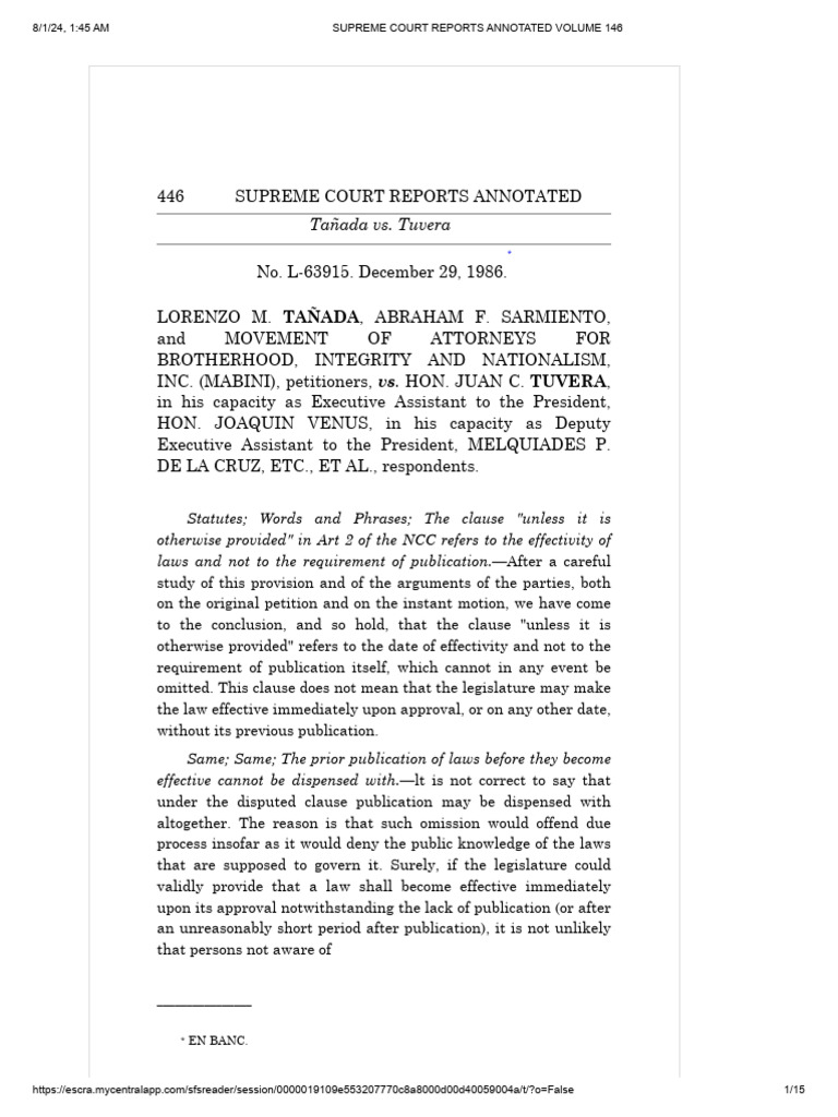 Tañada vs. Tuvera: Law Publication Ruling | PDF | Supreme Court Of The ...