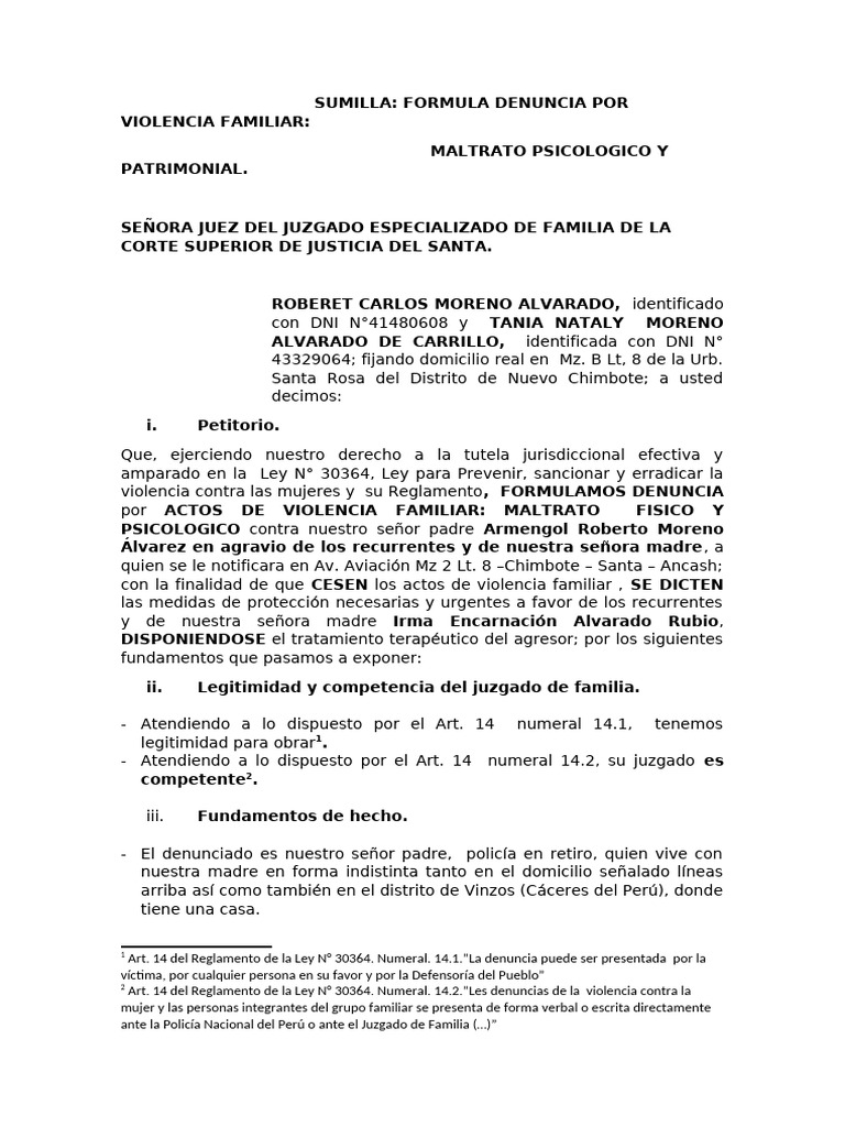 DENUNCIA POR VIOLENCIA FAMILIAR | PDF | Violencia doméstica | La violencia contra las mujeres