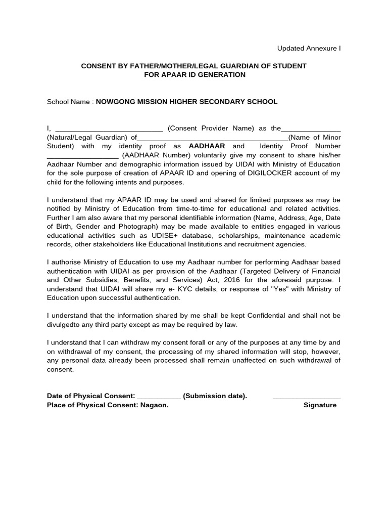 APAAR ID Consent Form for Parents | PDF