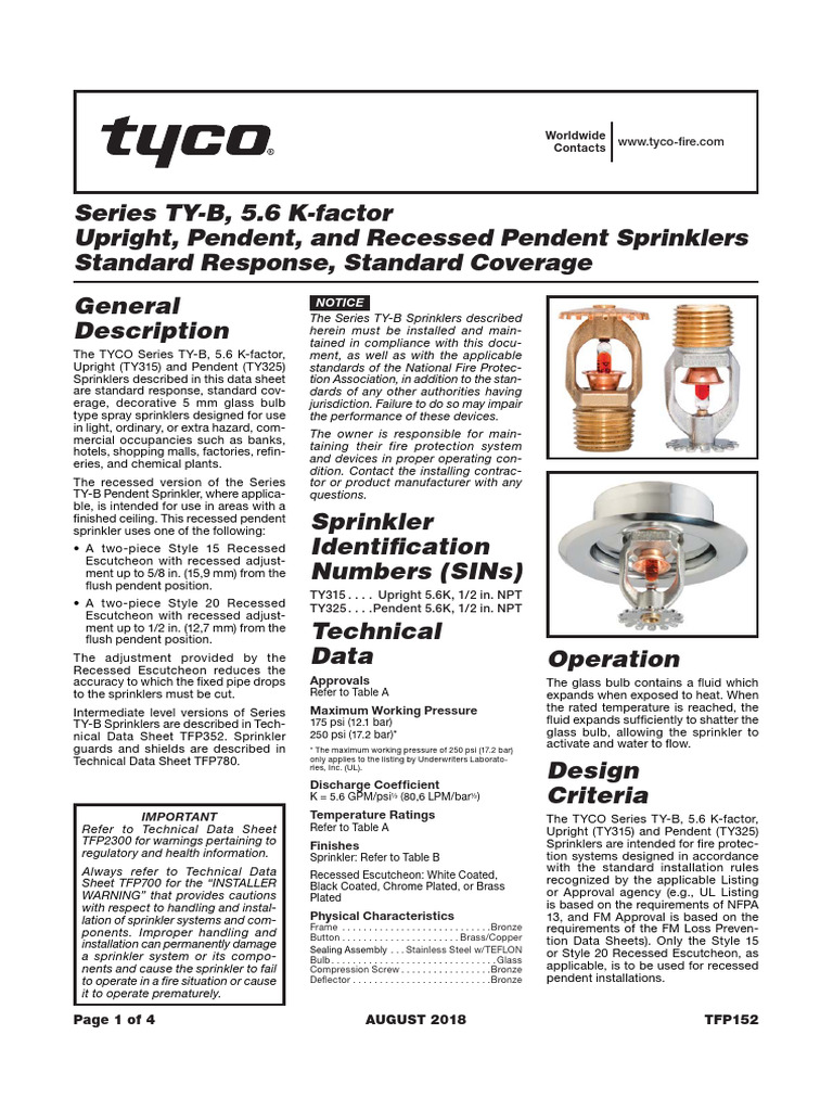 Tyco Ty315, Ty325 | PDF | Fire Sprinkler System