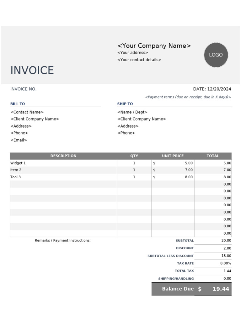 Minimal Invoice Template Gray Excel | PDF | Invoice | Taxes