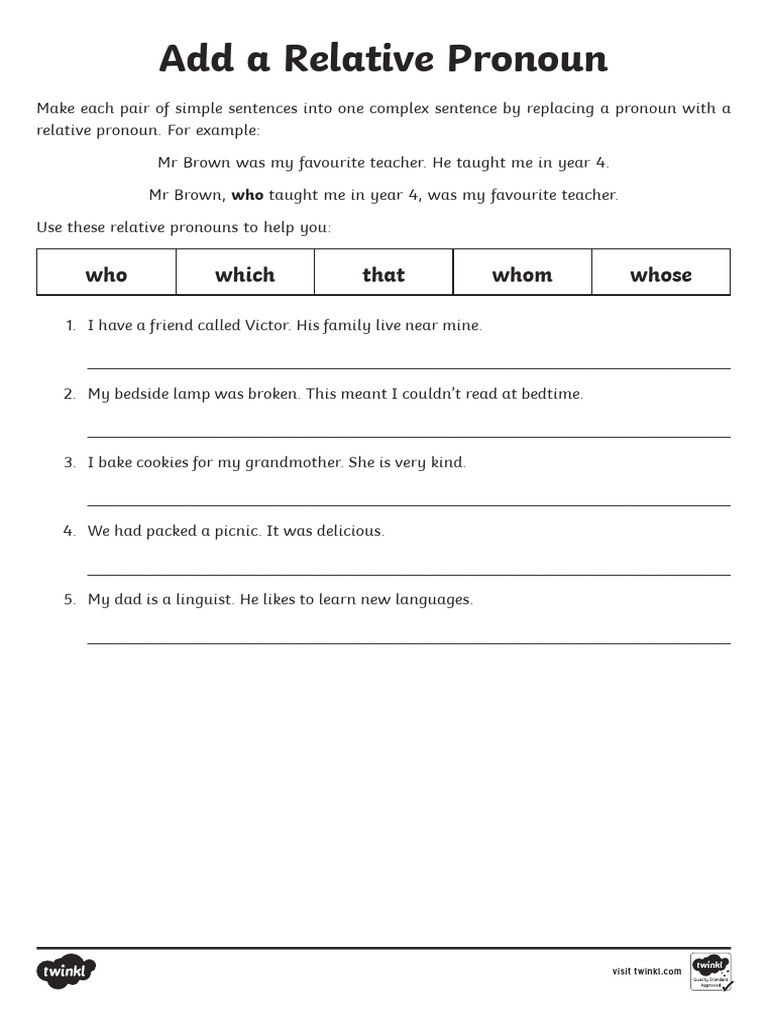 Add A Relative Pronoun Activity Sheet | PDF