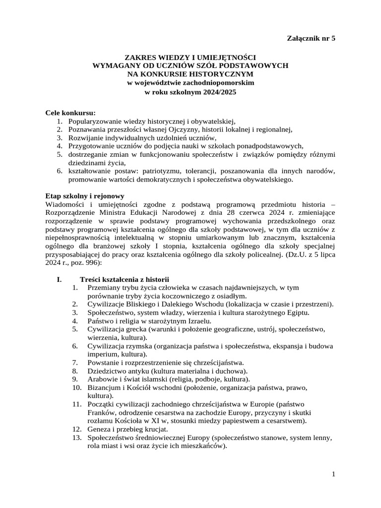 Zalacznik NR 5 Zakres Wiedzy Historia SP 24 25 | PDF