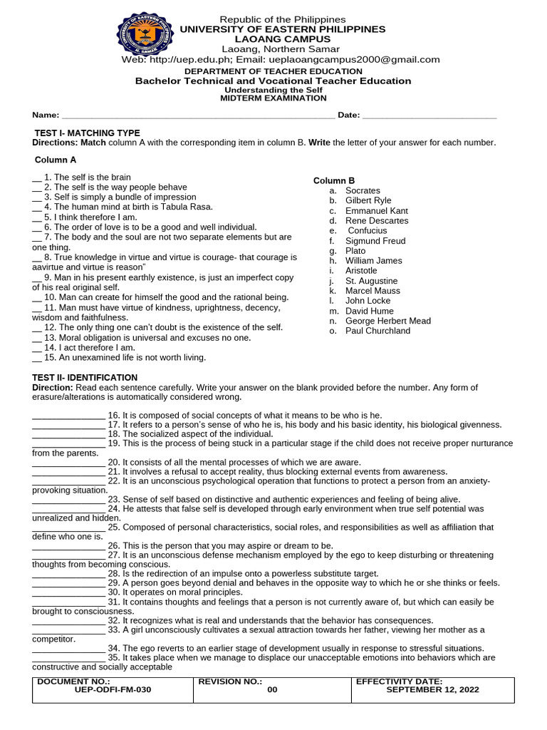 UTS MID | PDF | Philosophy Of Self | Thought