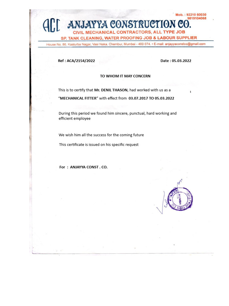 Mechanical Fitter Certificate for Denil Thason | PDF