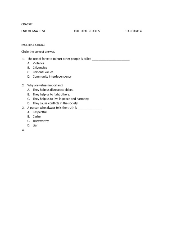 STD 4 Cultural May Test | PDF | Social Science