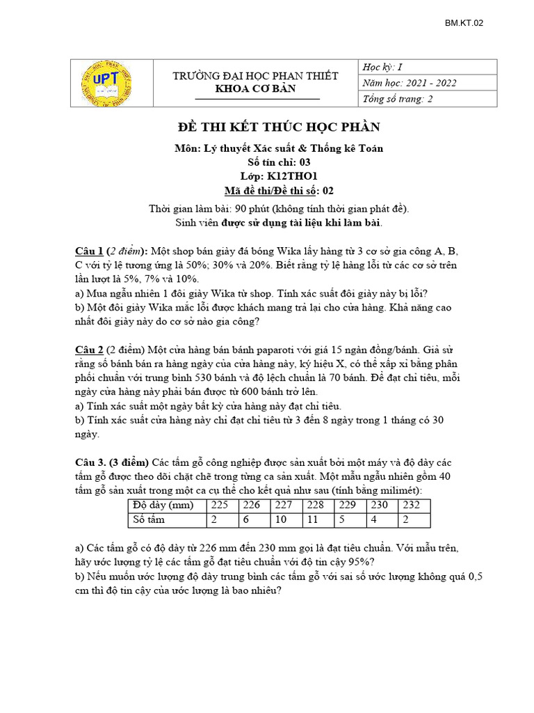 Lythuyetxacsuatthongke De2 HKI 2021-2022 | PDF