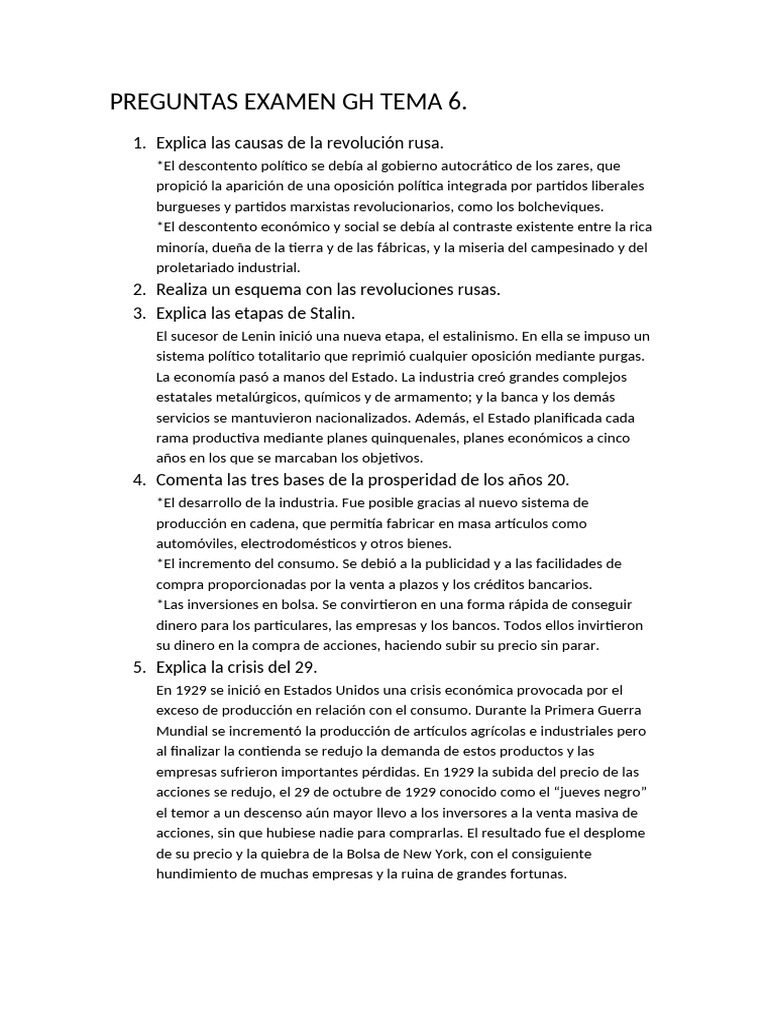 Preguntas Examen GH Tema 6 | PDF | Alemania nazi | Segunda Guerra Mundial