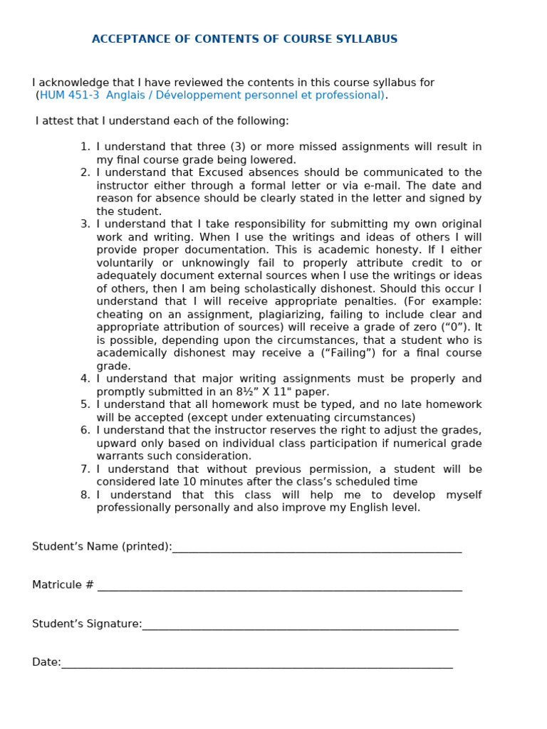 Assignment 1, ACCEPTANCE OF CONTENTS OF COURSE SYLLABUS | PDF ...