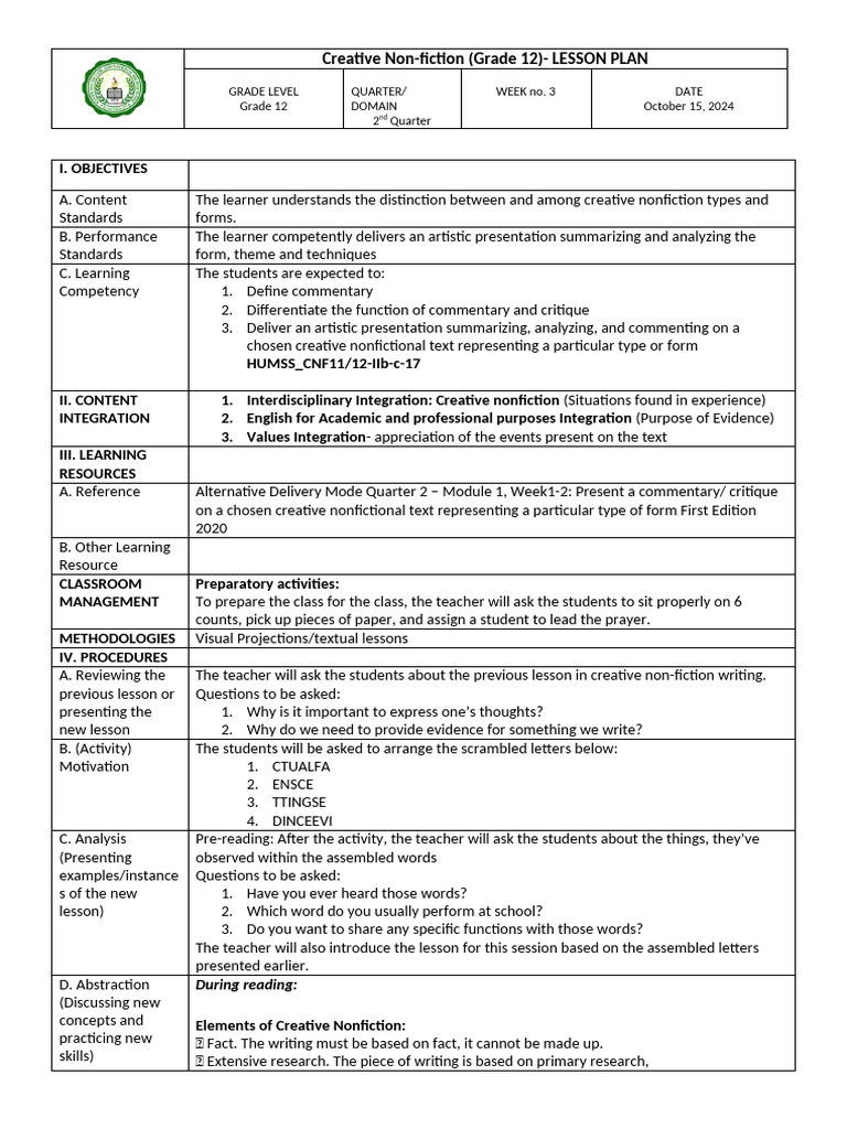 CNF October 15 Lesson Plan CNF | PDF | Essays | Learning