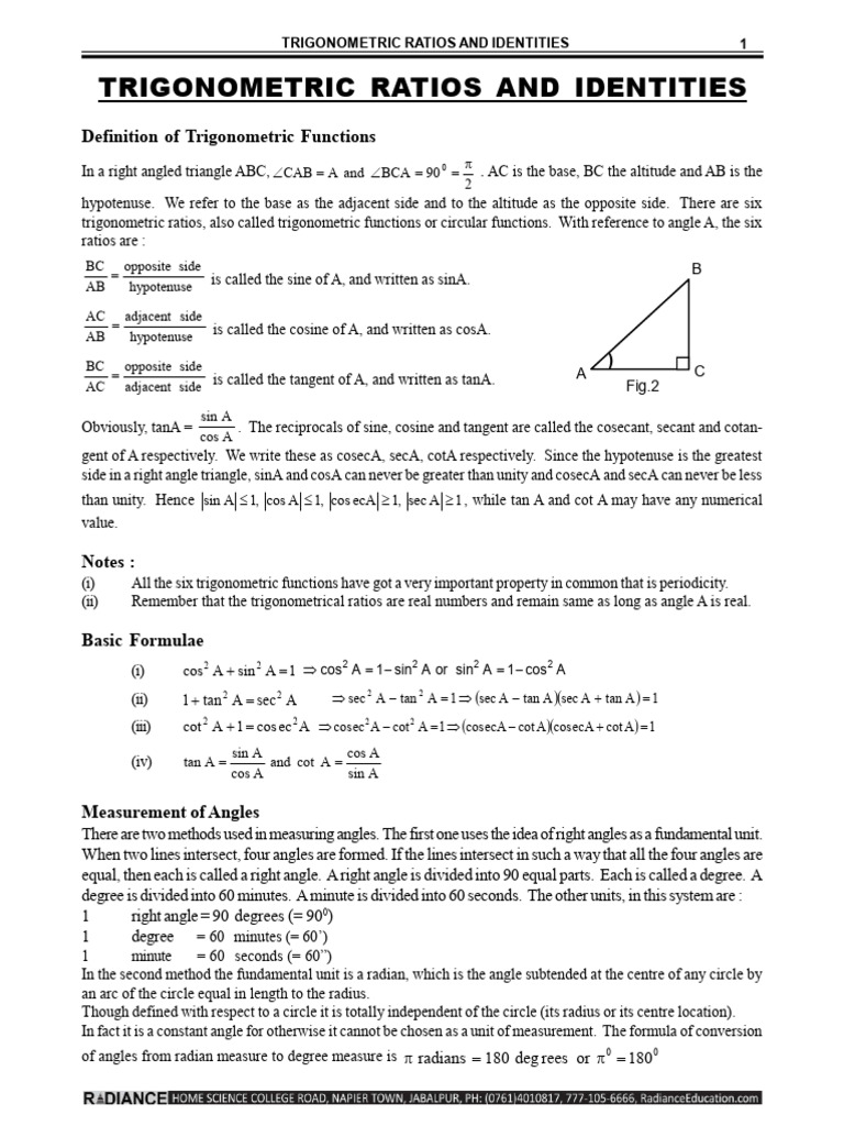 Trigonometric Ratios and Identities Guide | PDF | Trigonometric ...
