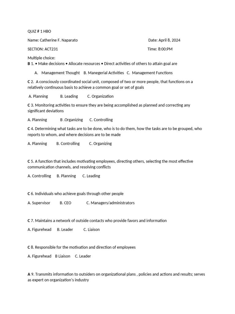 HBO QUIZ 1 Questionnaire Naparato | PDF | Goal | Behavior Modification