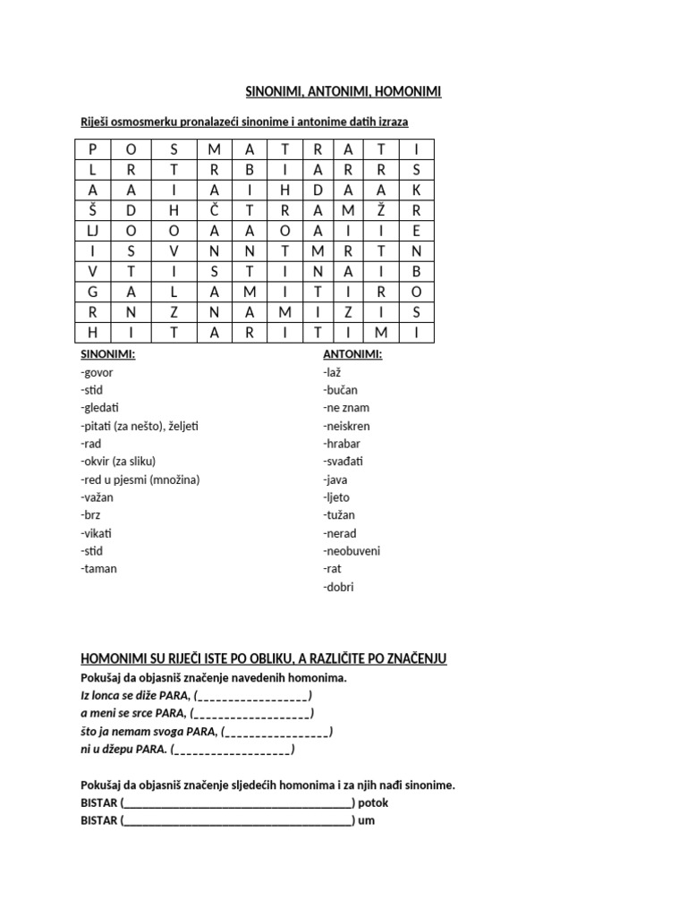 Antonimi Sinonimi Homonimi OSMOSMERKA | PDF