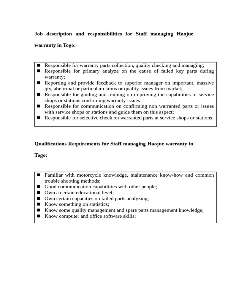 Job Description and Qualifications For Staff Managing Haojue Warranty ...