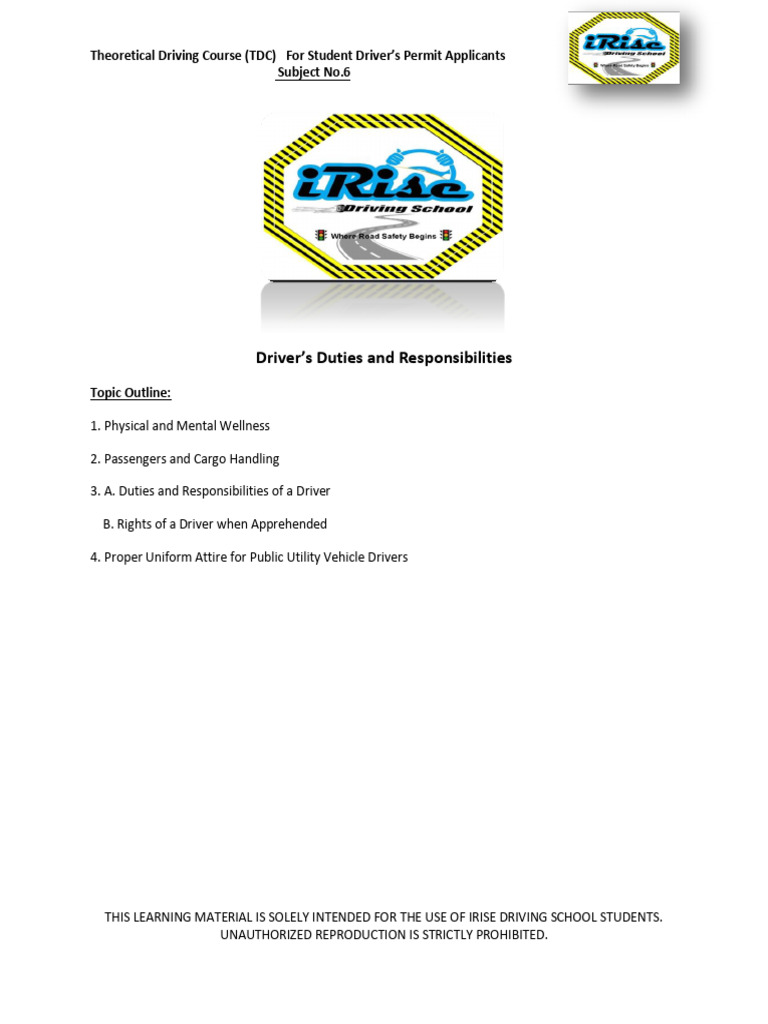 Subject 6 - Drivers Duties and Responsibilities | PDF | Driving | Traffic
