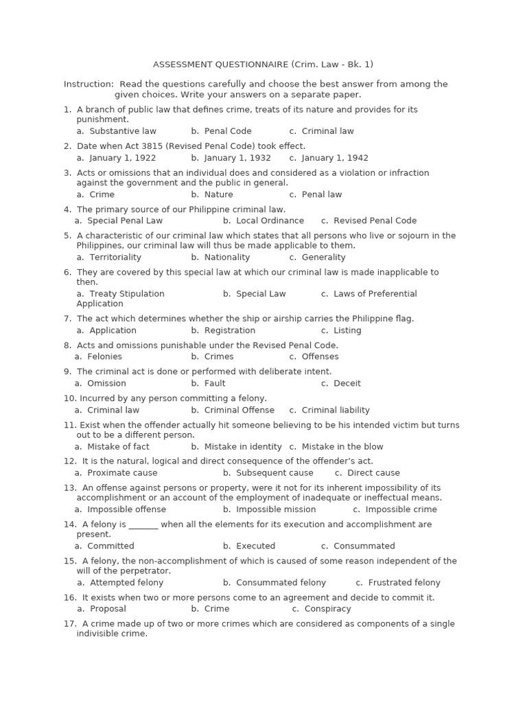 Criminal Law Quiz for Students | PDF | Criminal Law | Crimes