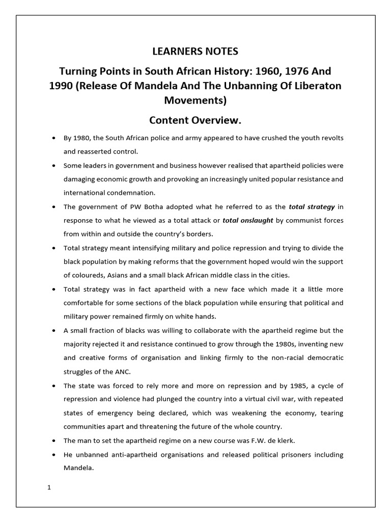 Key Turning Points in South Africa's History | PDF | Apartheid ...