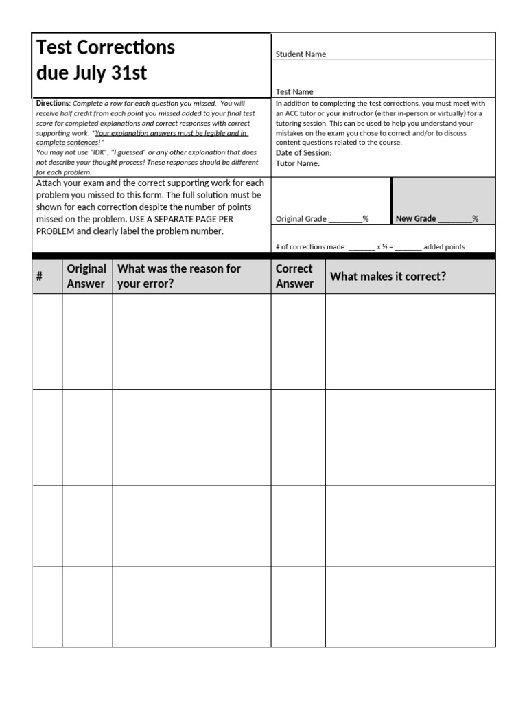 Test Corrections Template | PDF