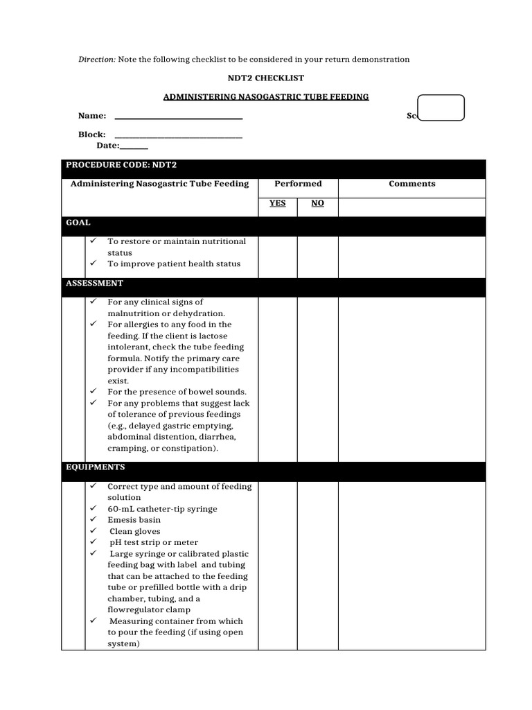 NGT Feeding Procedure Checklist | PDF | Intravenous Therapy | Diarrhea