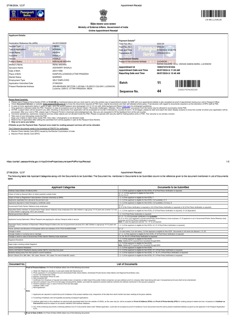 Passport Appointment Receipt for Anisha Shukla | PDF | Identity ...
