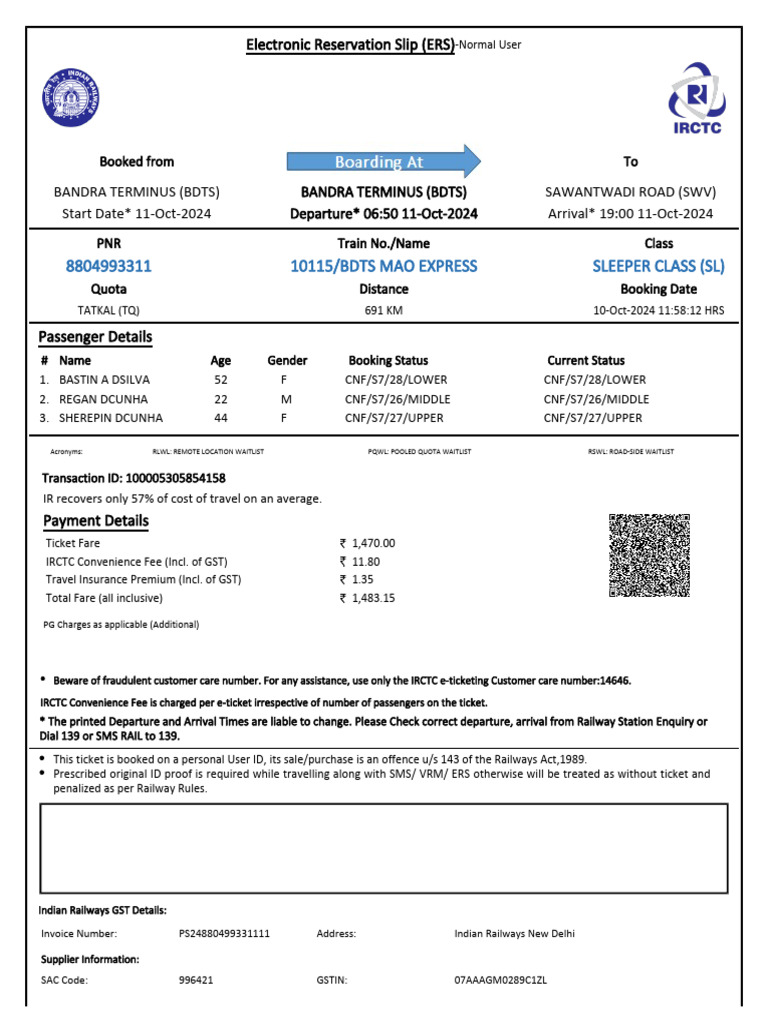 10115/Bdts Mao Express Sleeper Class (SL) | PDF | Identity Document ...