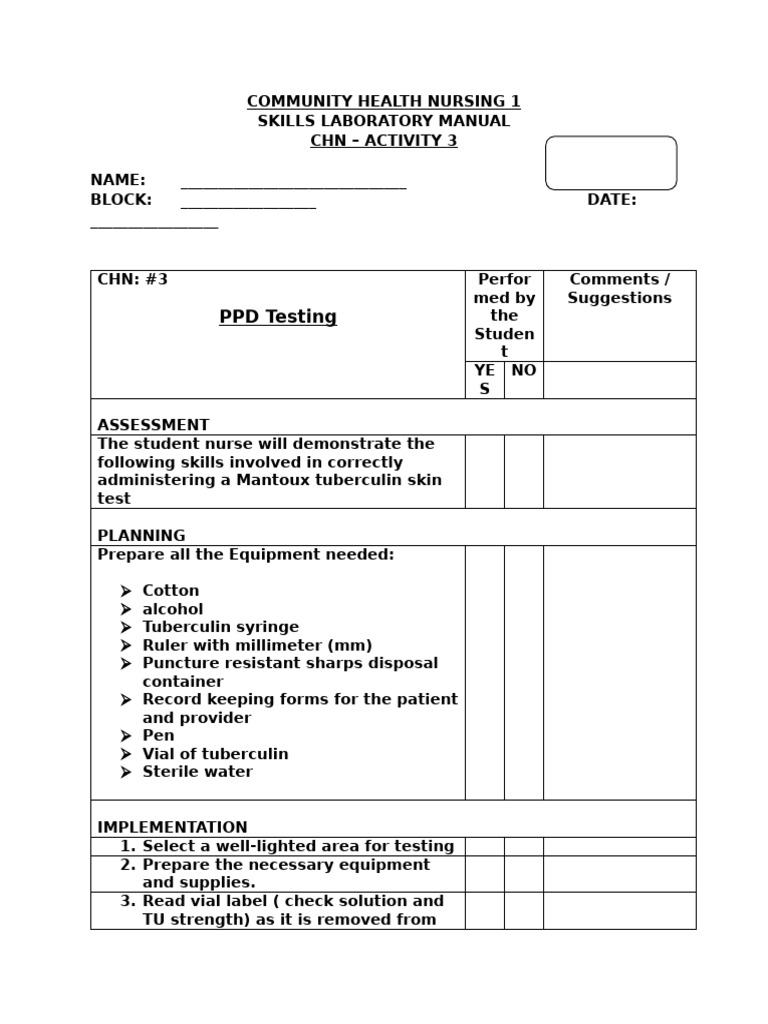 Nursing Skills: PPD Testing Guide | PDF | Injection (Medicine) | Syringe