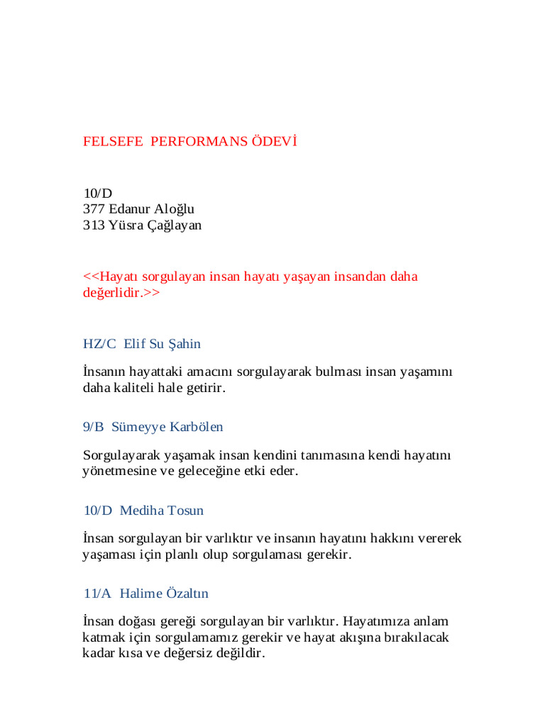 Felsefe Performans Ödevi: HZ/C Elif Su Şahin | PDF