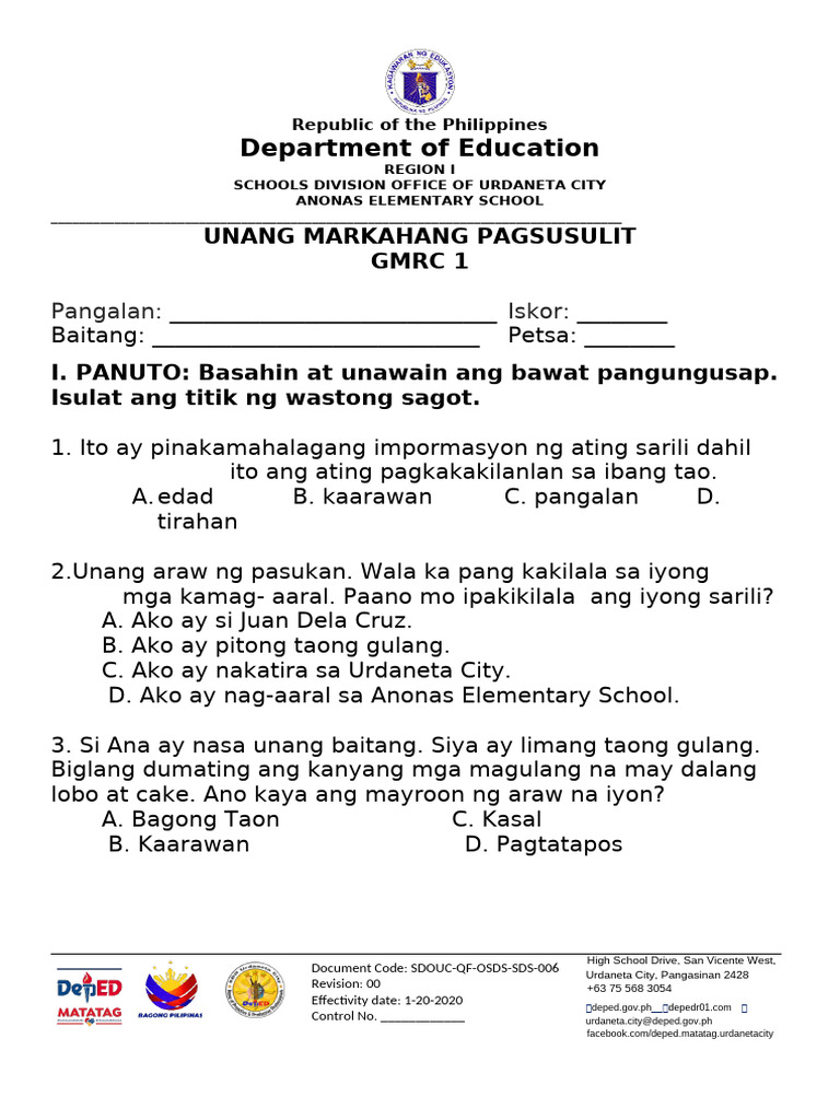 GMRC 1 Test Questions Quarter1 | PDF