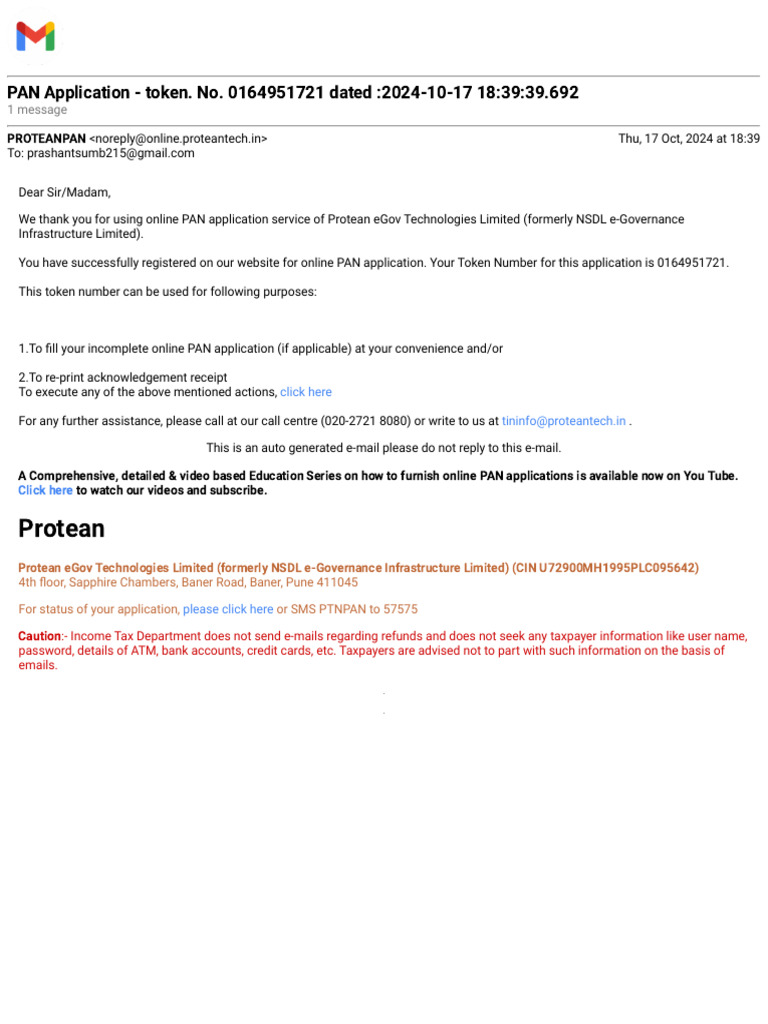 Gmail - PAN Application - Token. No. 0164951721 Dated - 2024-10-17 18 - 39 - 39.692 | PDF