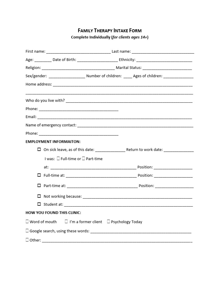 Family Therapy Intake Form | PDF | Psychiatry | Psychology
