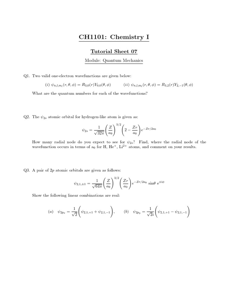 CH1101 Tutorial Sheet 07 | PDF