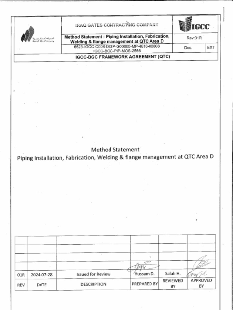 2566.DMethod Statement Mechanical Piping Works at QTC Area D | PDF | Pipe (Fluid Conveyance ...