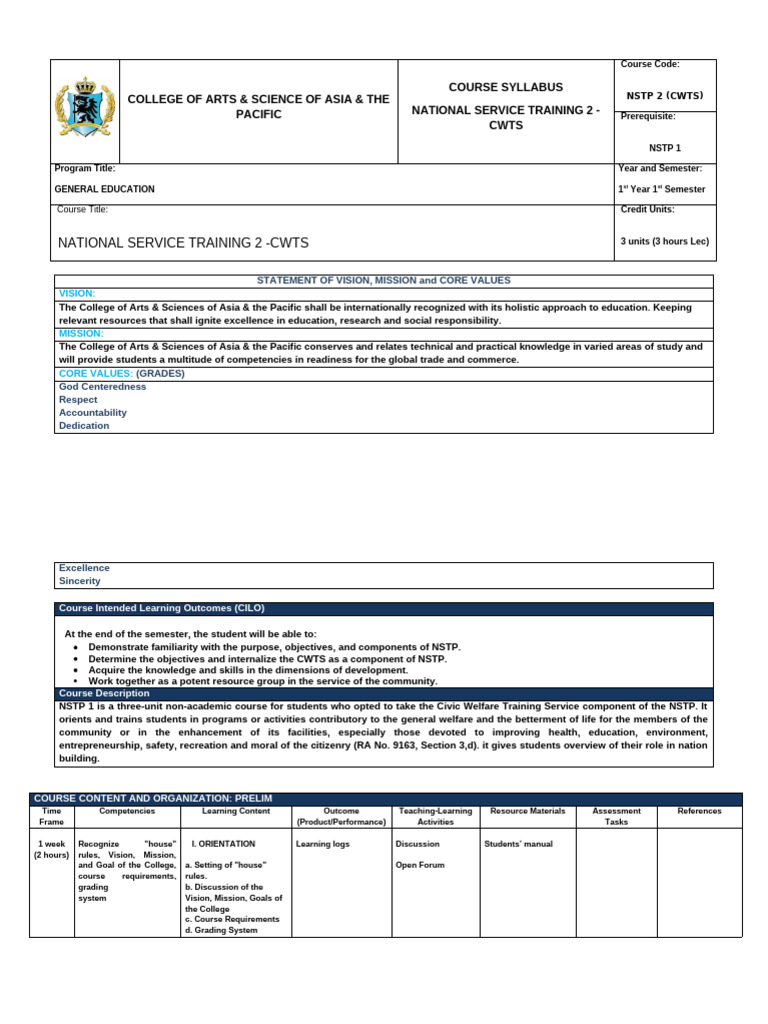National Service Training Program (CWTS) 2 | PDF | Evaluation | Service ...