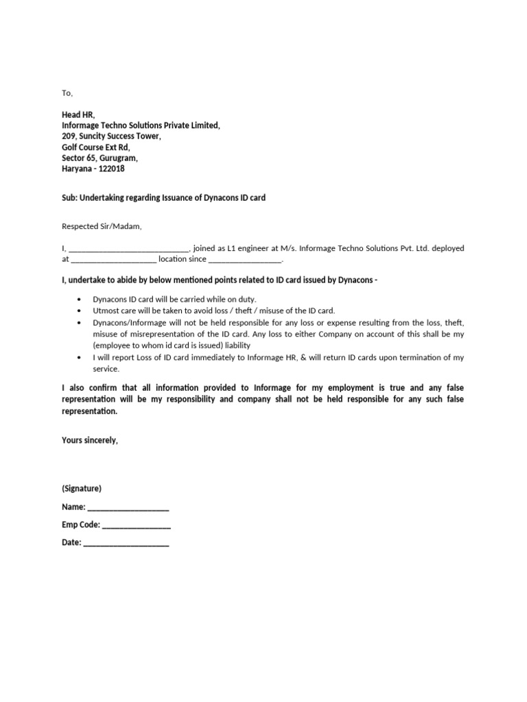 ID Card Undertaking for Employees | PDF | Finance & Money Management