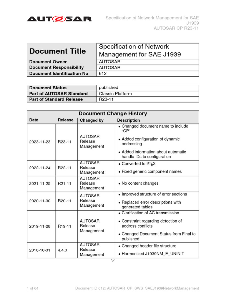 AUTOSAR CP SWS SAEJ1939NetworkManagement | PDF | Specification (Technical Standard) | Computing