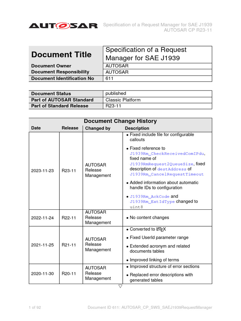 Autosar Cp Sws Saej1939requestmanager Pdf Specification Technical Standard Component