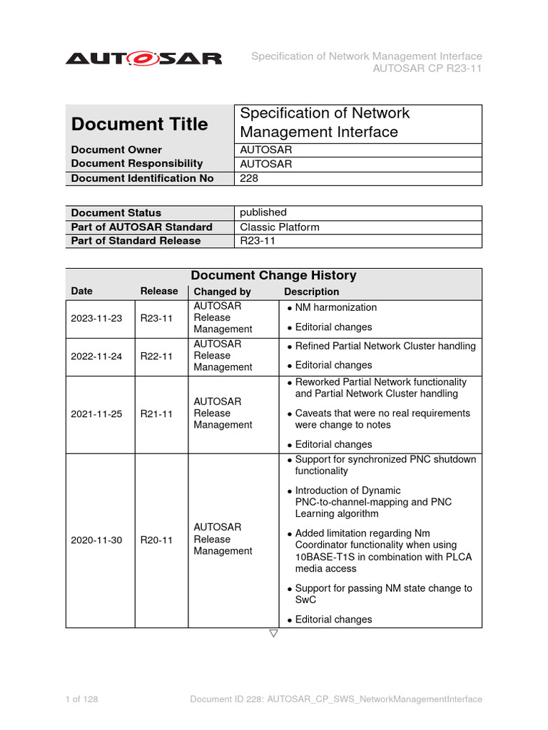 AUTOSAR CP SWS NetworkManagementInterface | PDF | Computer Network | Specification (Technical ...