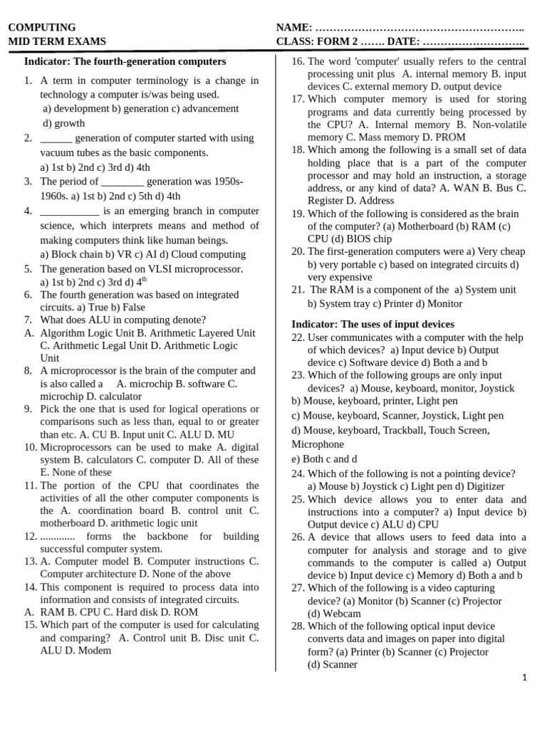Mid Term Exams Form 2 | PDF | Computer Data Storage | Input/Output