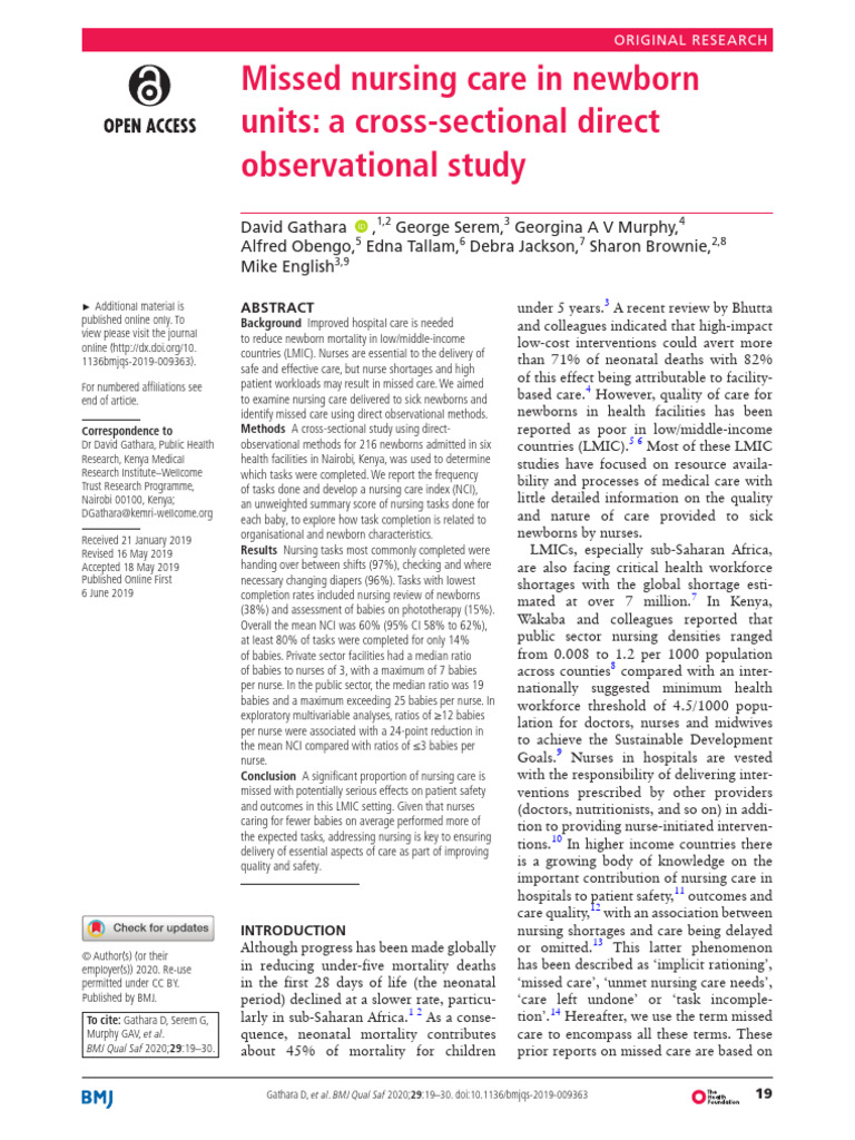 Missed Nursing Care in Newborn Units - A Cross-Sectional Direct ...