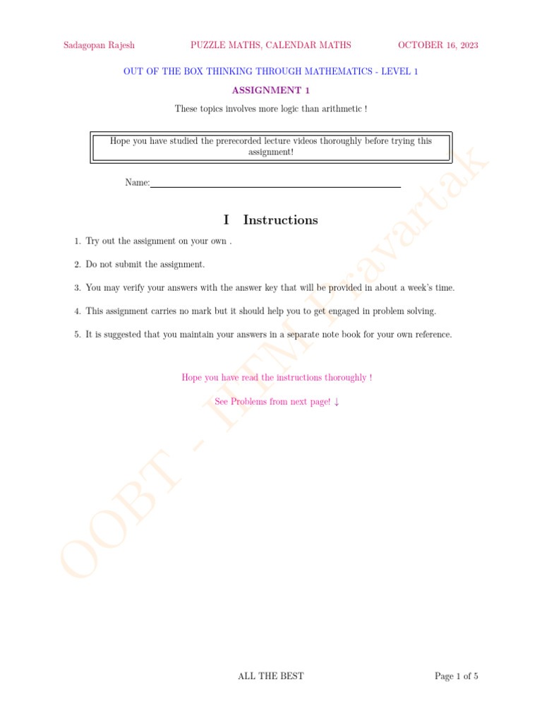 Puzzle and Calendar Maths Assignment | PDF | Mathematics