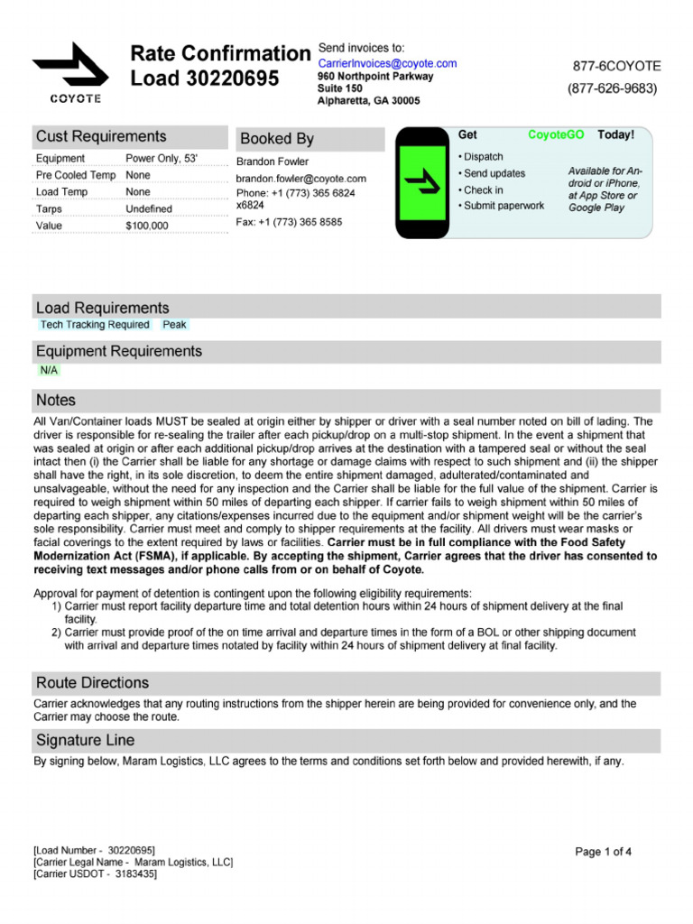 Rate Confirmation For Load #30220695 | PDF